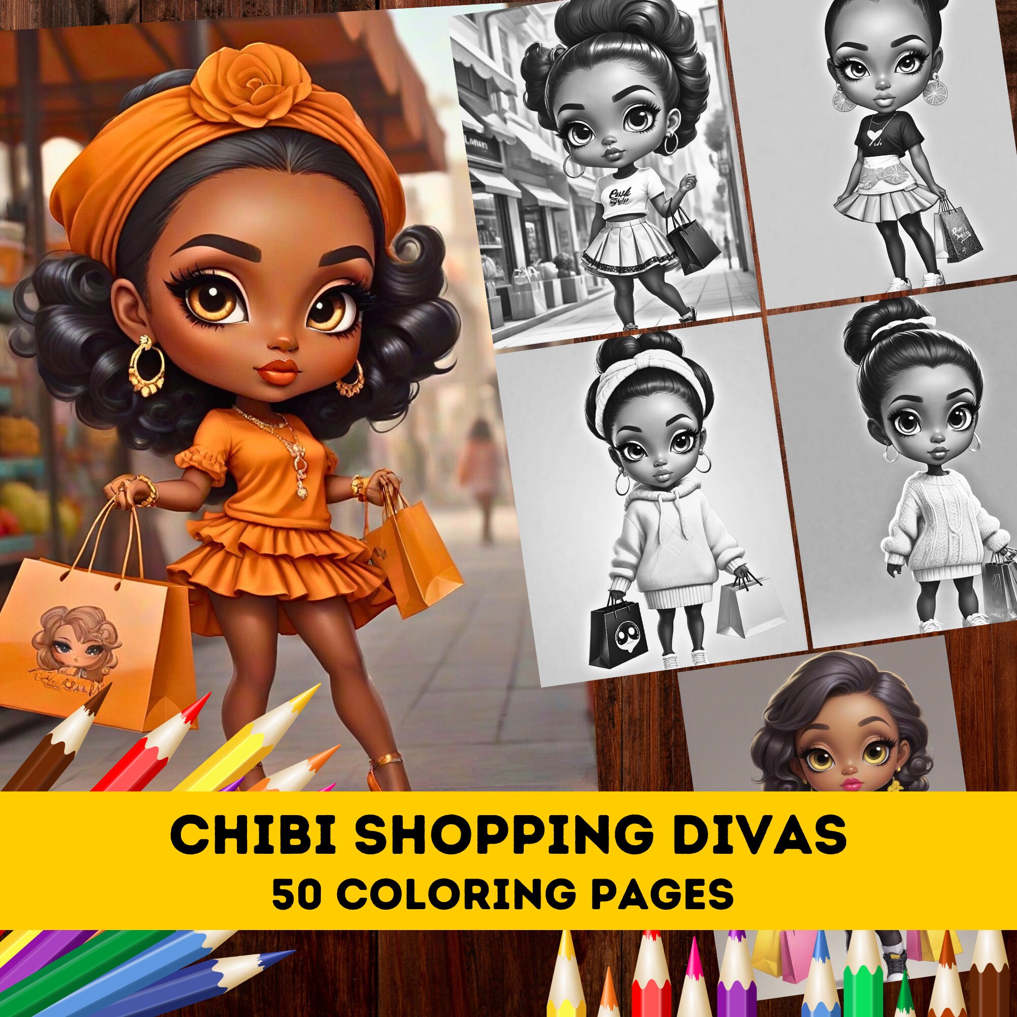 50 Cute Chibi Shopping Divas Cute Chibi Girls Grayscale Coloring Pages ...