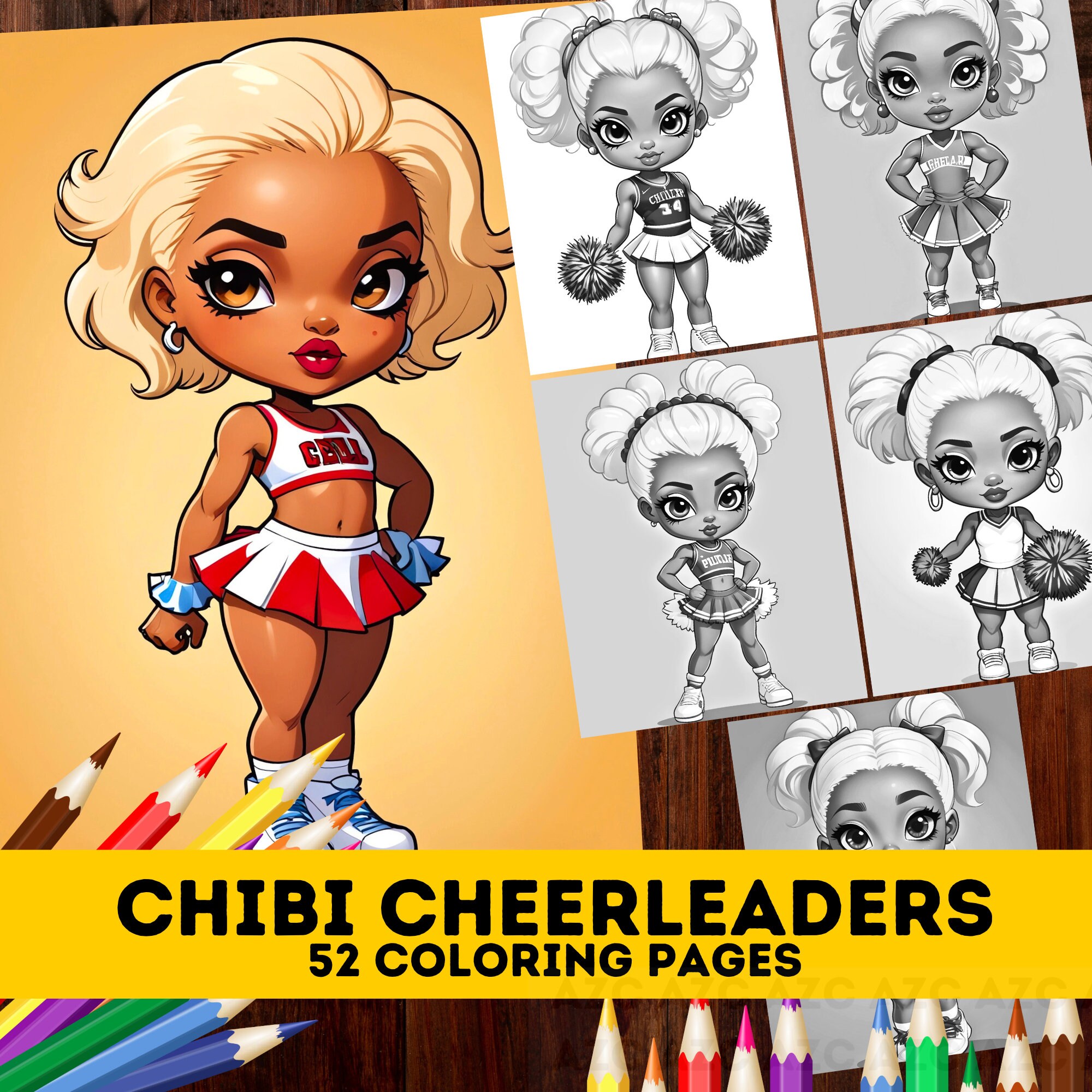 52 Cute Chibi Cheerleader Girls Grayscale Coloring Pages Melanin Kawaii ...