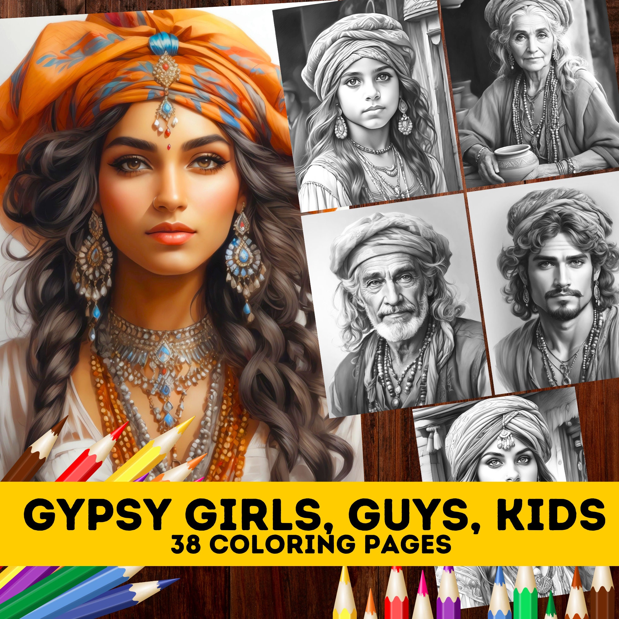 38 Gypsy Women Men Grayscale Coloring Book Pages Romani Girls Boys ...