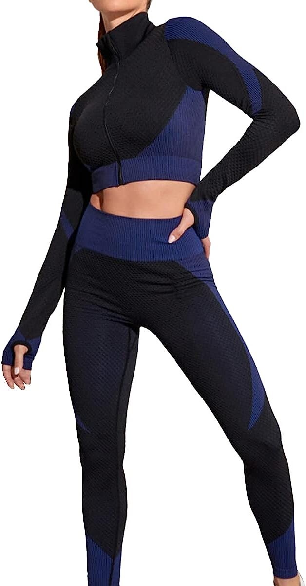 Women's 2 Piece Jet Black and Blue Tracksuit Workout Set Crop Top ...