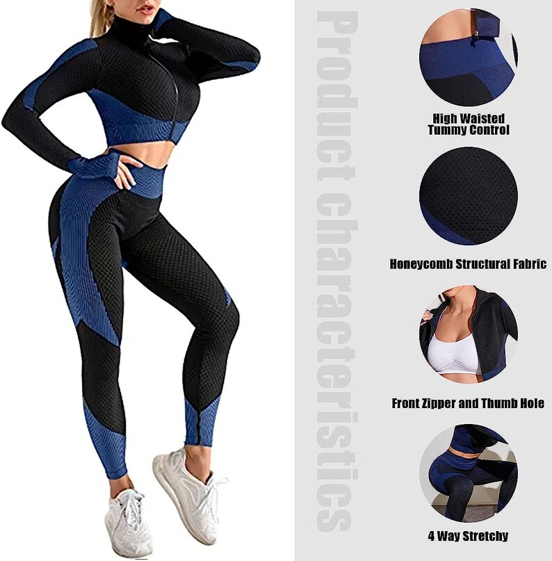 Women's 2 Piece Jet Black and Blue Tracksuit Workout Set - Crop Top ...