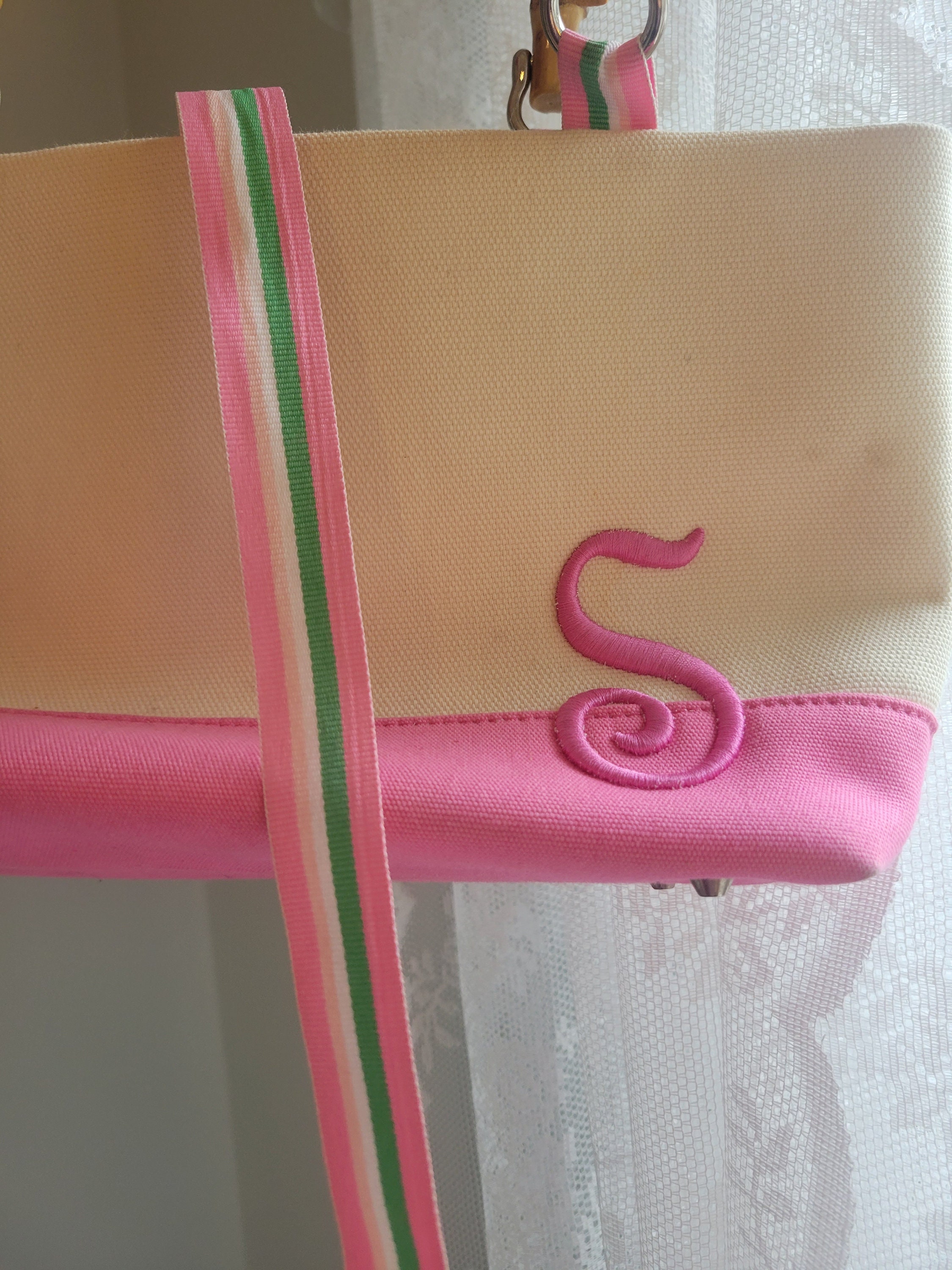 Preppy Pink & Green Bamboo Handle Tote - Etsy