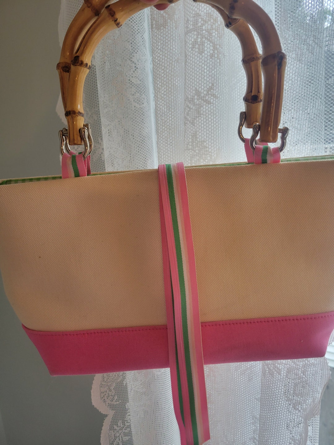 Preppy Pink & Green Bamboo Handle Tote - Etsy