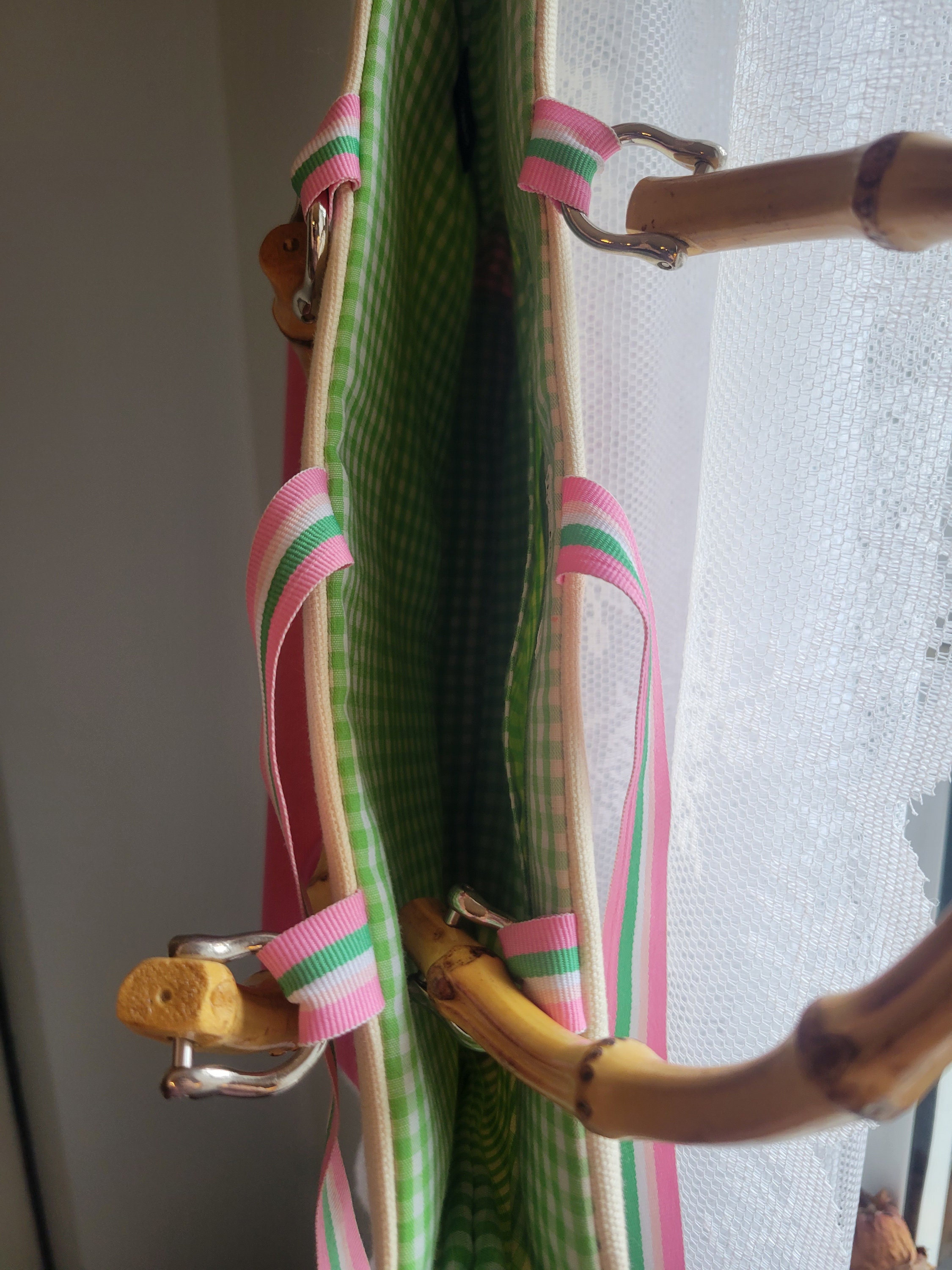Preppy Pink & Green Bamboo Handle Tote - Etsy