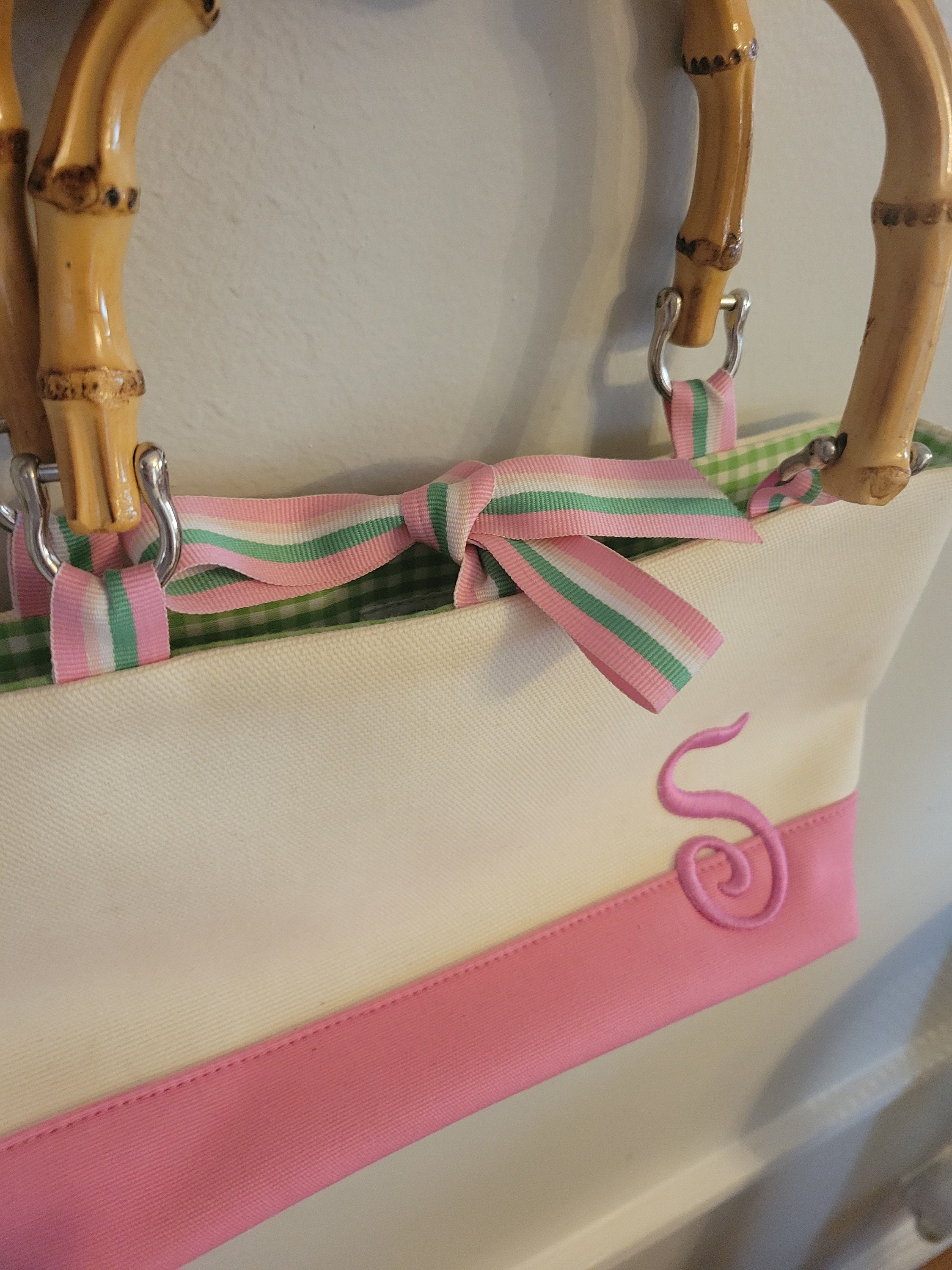 Preppy Pink & Green Bamboo Handle Tote - Etsy
