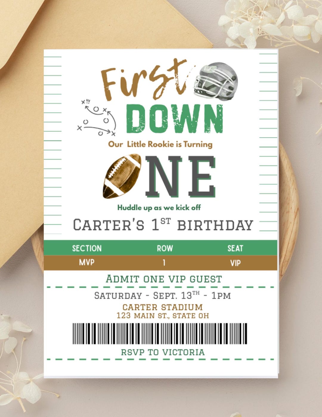 First Year Down Football Themed Party Invitation, First Year Down ...
