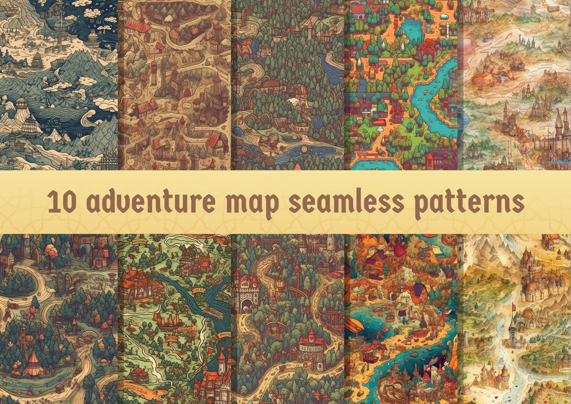 Adventure Maps Seamless Patterns, 10 Maps, for Paper, Wallpaper, Fabric ...