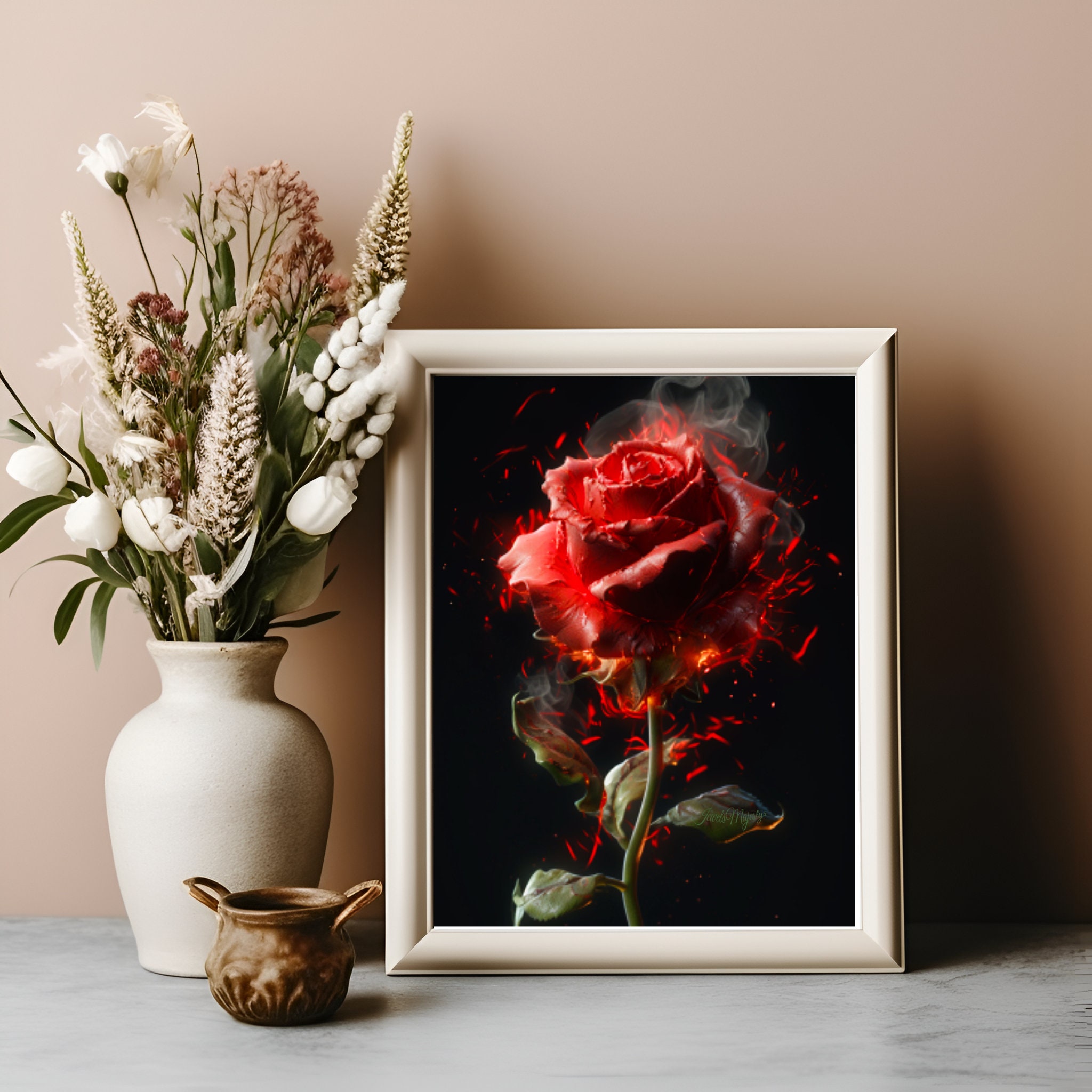 Dark Flaming Rose | Digital Rose Art | Fire Flower | DIY Home Decor ...