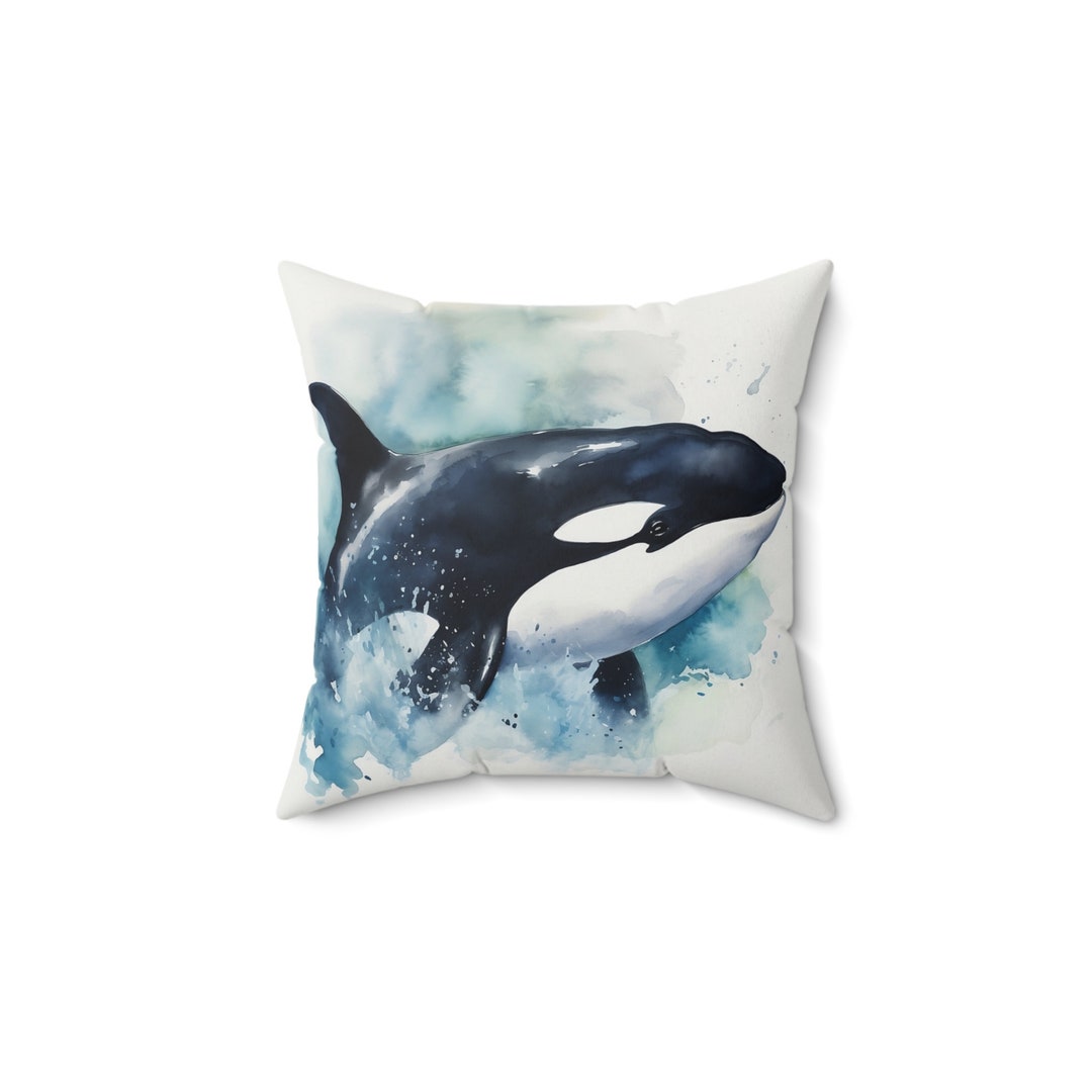 Watercolour Orca Whale 14” Square Cushion || Throw Indoor Sofa Pillow ...