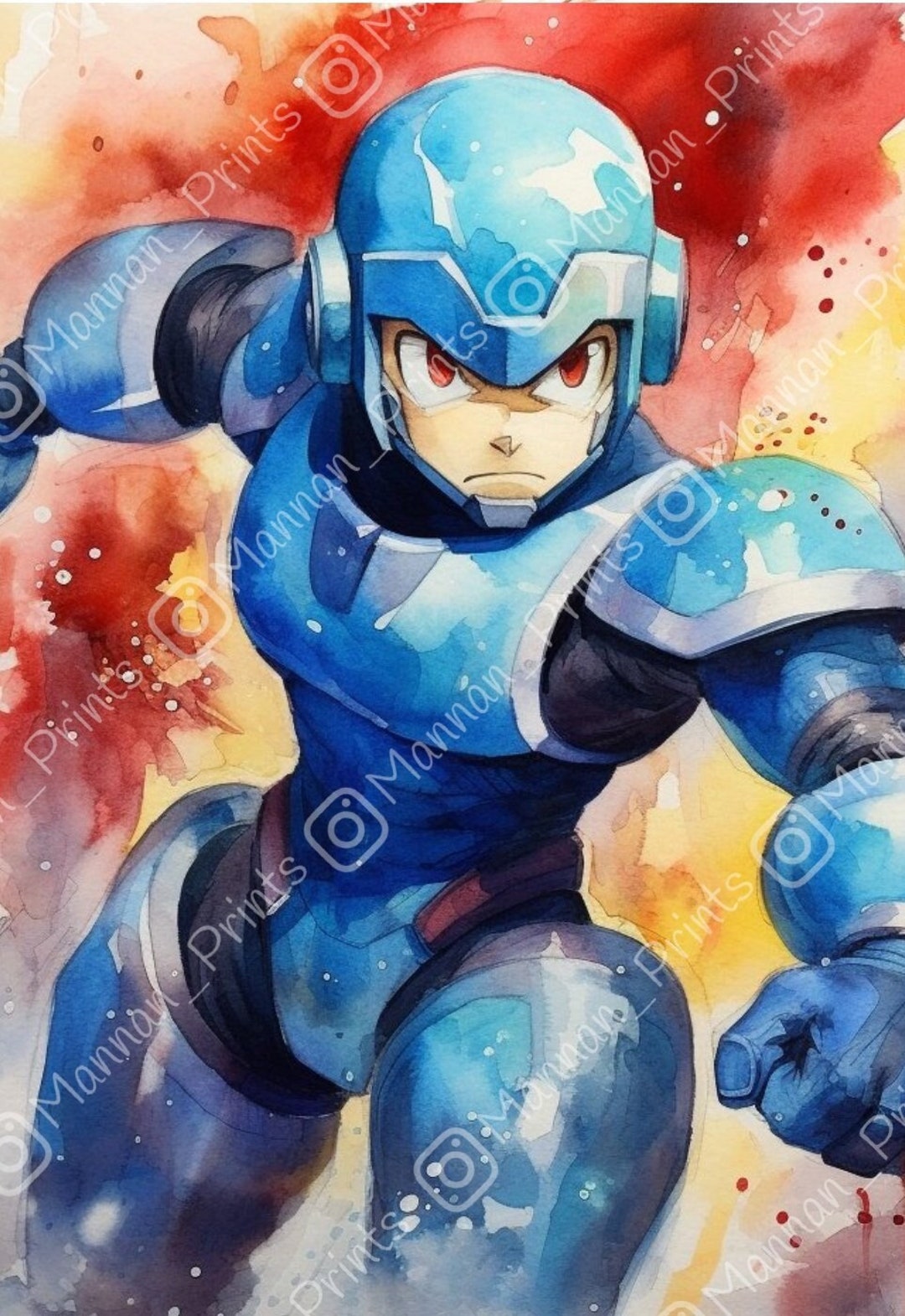 Watercolour Mega Man Wall Art || Digital Print, Painting, Retro ...