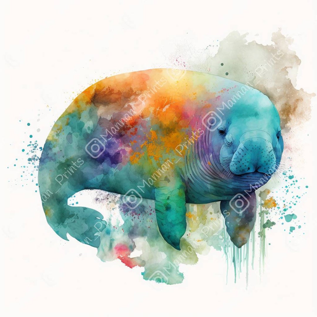Watercolour Manatee Wall Art || Digital Print, Painting, Wildlife ...