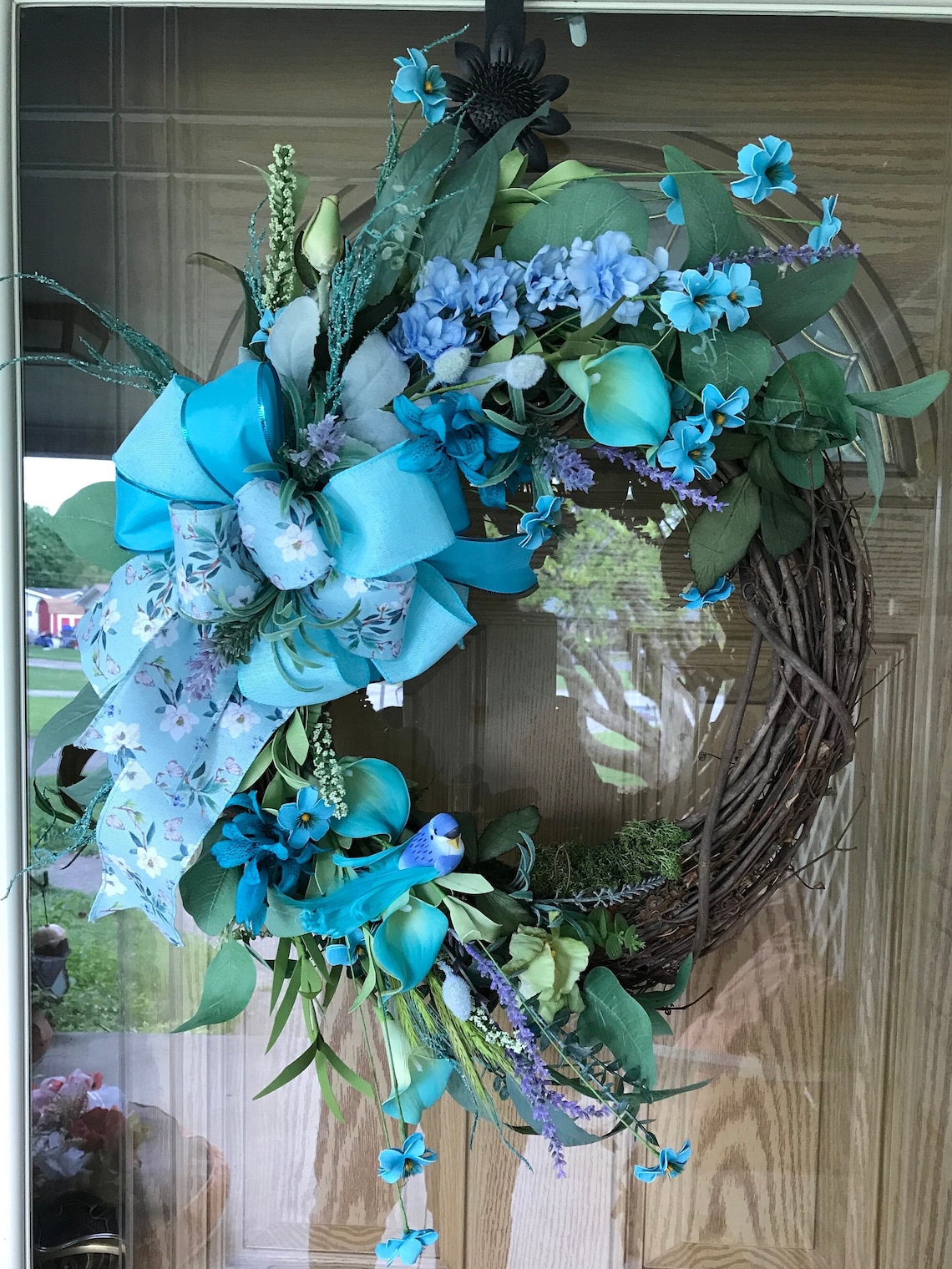 Grapevine Wreath Using Teal Florals and Ribbon Bow to Match. Moss ...