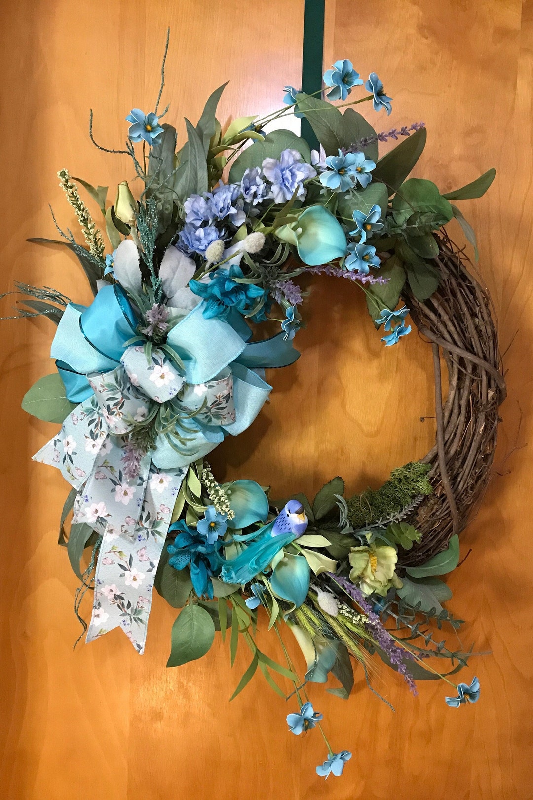 Grapevine Wreath Using Teal Florals and Ribbon Bow to Match. Moss ...