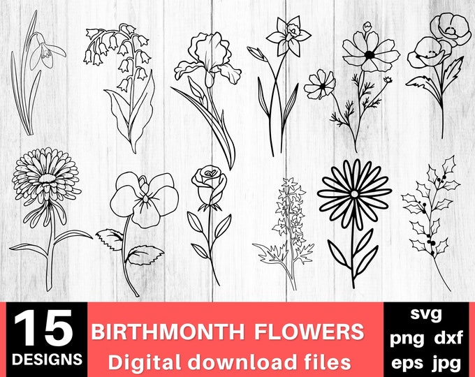 Birth Month Flowers Svg Bundle, 12 Designs, Birth Month Flowers Png ...