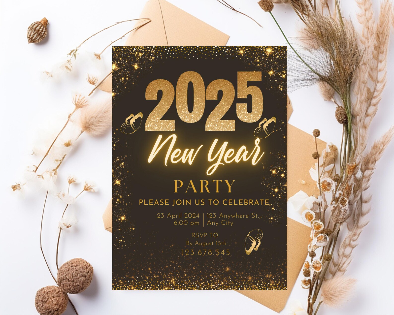 Editable New Year Invitation, 2025 New Year Invitation, Digital New ...