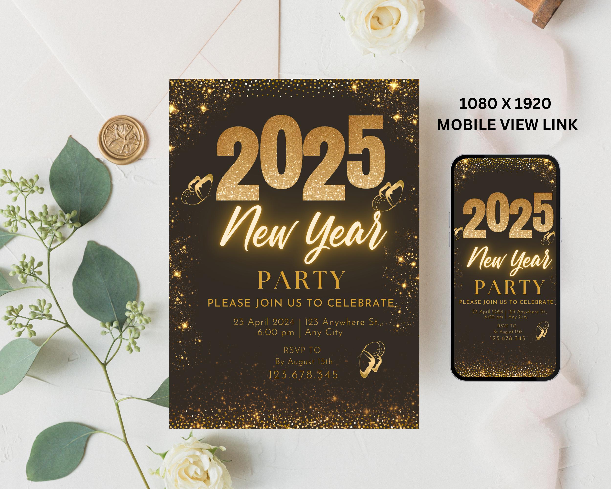 Editable New Year Invitation, 2025 New Year Invitation, Digital New ...