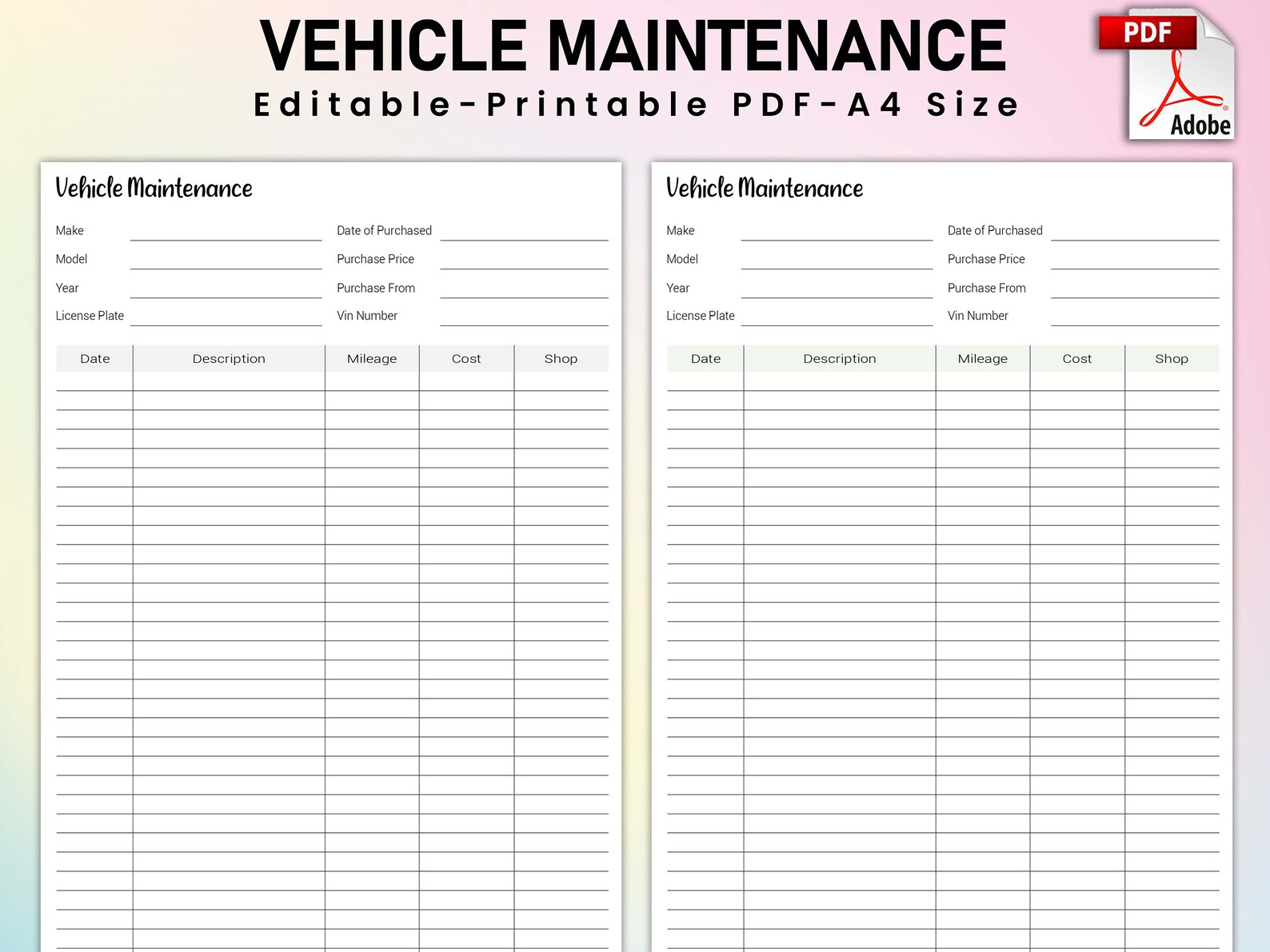 Editable Vehicle Maintenance Log Book, Vehicle Service Tracker, Vehicle ...