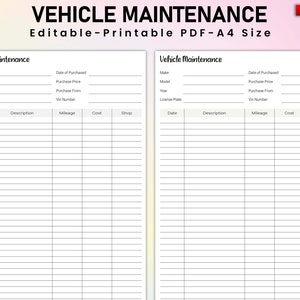 Editable Vehicle Maintenance Log Book, Vehicle Service Tracker, Vehicle ...