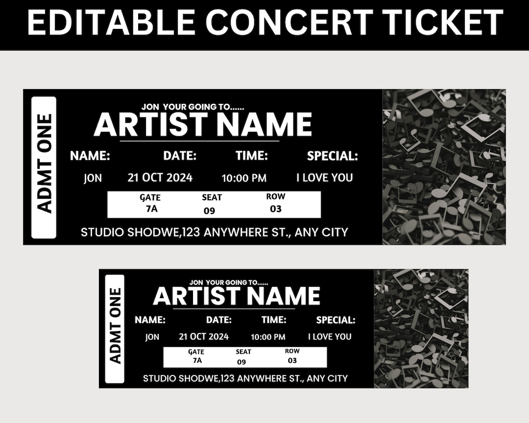 Editable Concert Ticket Template, Concert Ticket, Concert Ticket Gift ...