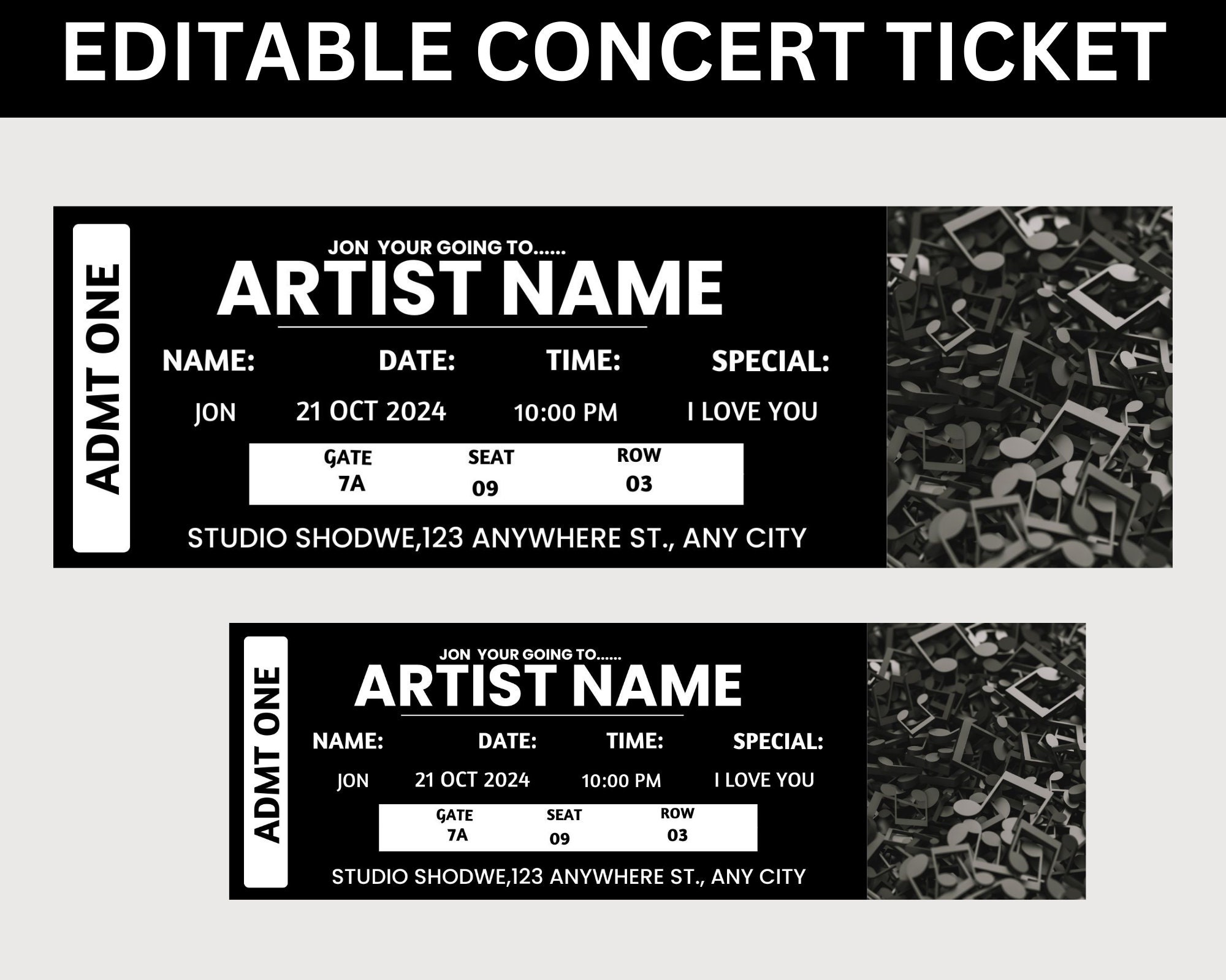 Editable Concert Ticket Template, Concert Ticket, Concert Ticket Gift ...