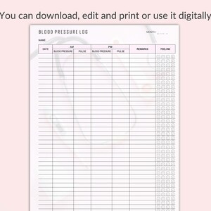 Blood Pressure Log Editable Printable, Monthly Blood Pressure Tracker ...