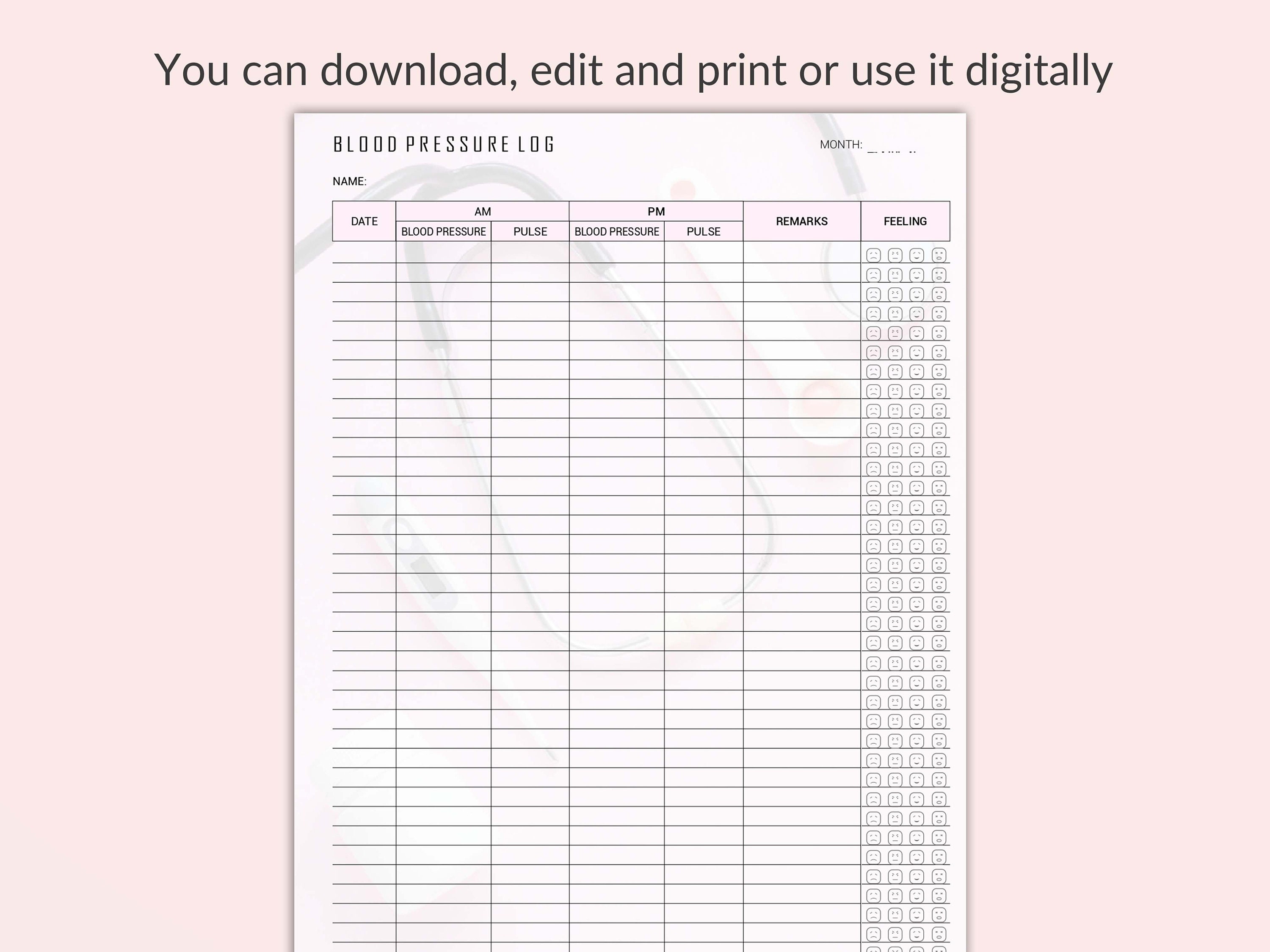 Blood Pressure Log Editable Printable, Monthly Blood Pressure Tracker ...