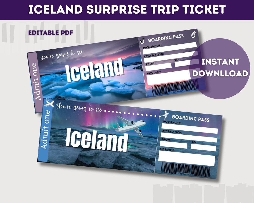Iceland Trip Ticket Template, Printable Gift Ticket, Editable Ticket ...