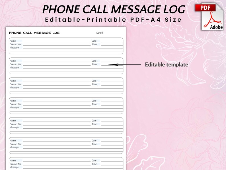Editable and Printable Phone Message Log, Phone Call Message Log ...
