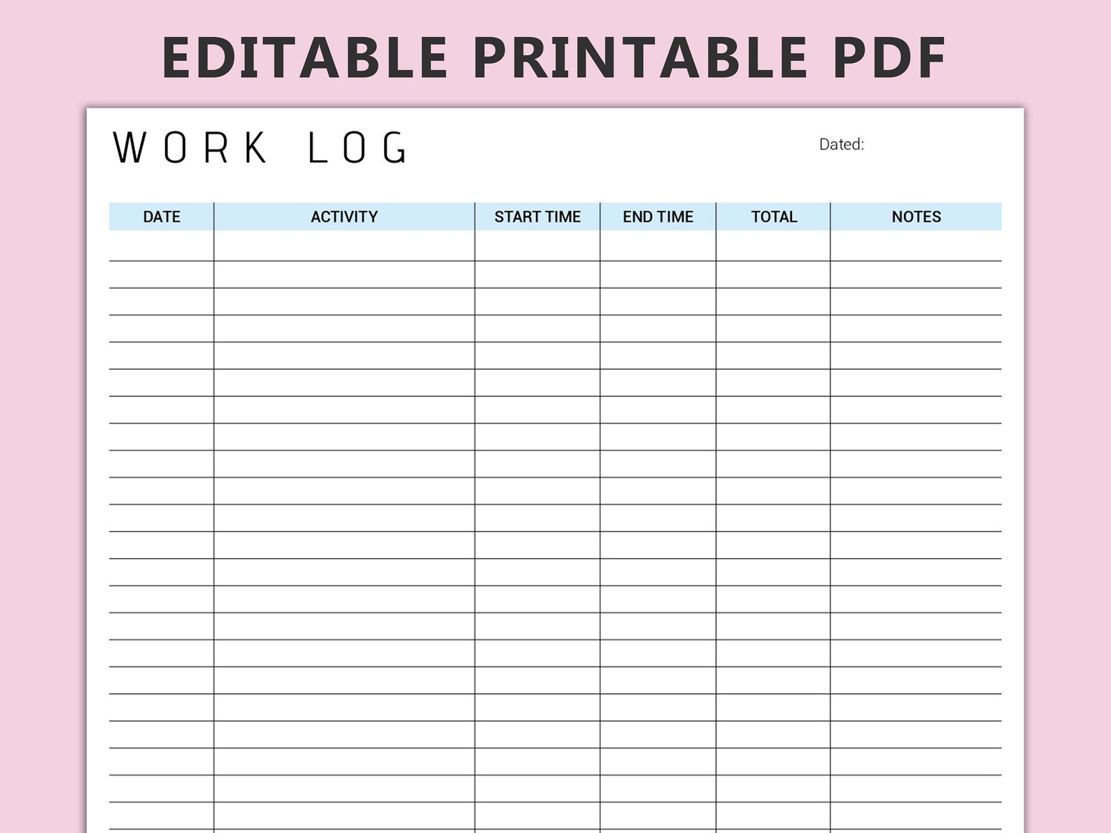 Editable Work Log, Work Day Planner, Task Log, Work Time, Working Hours ...