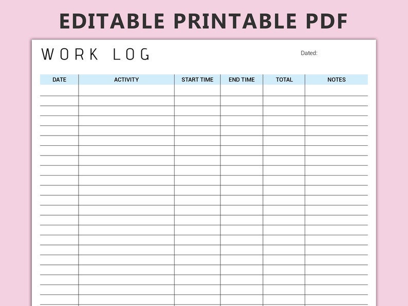Editable Work Log, Work Day Planner, Task Log, Work Time, Working Hours ...