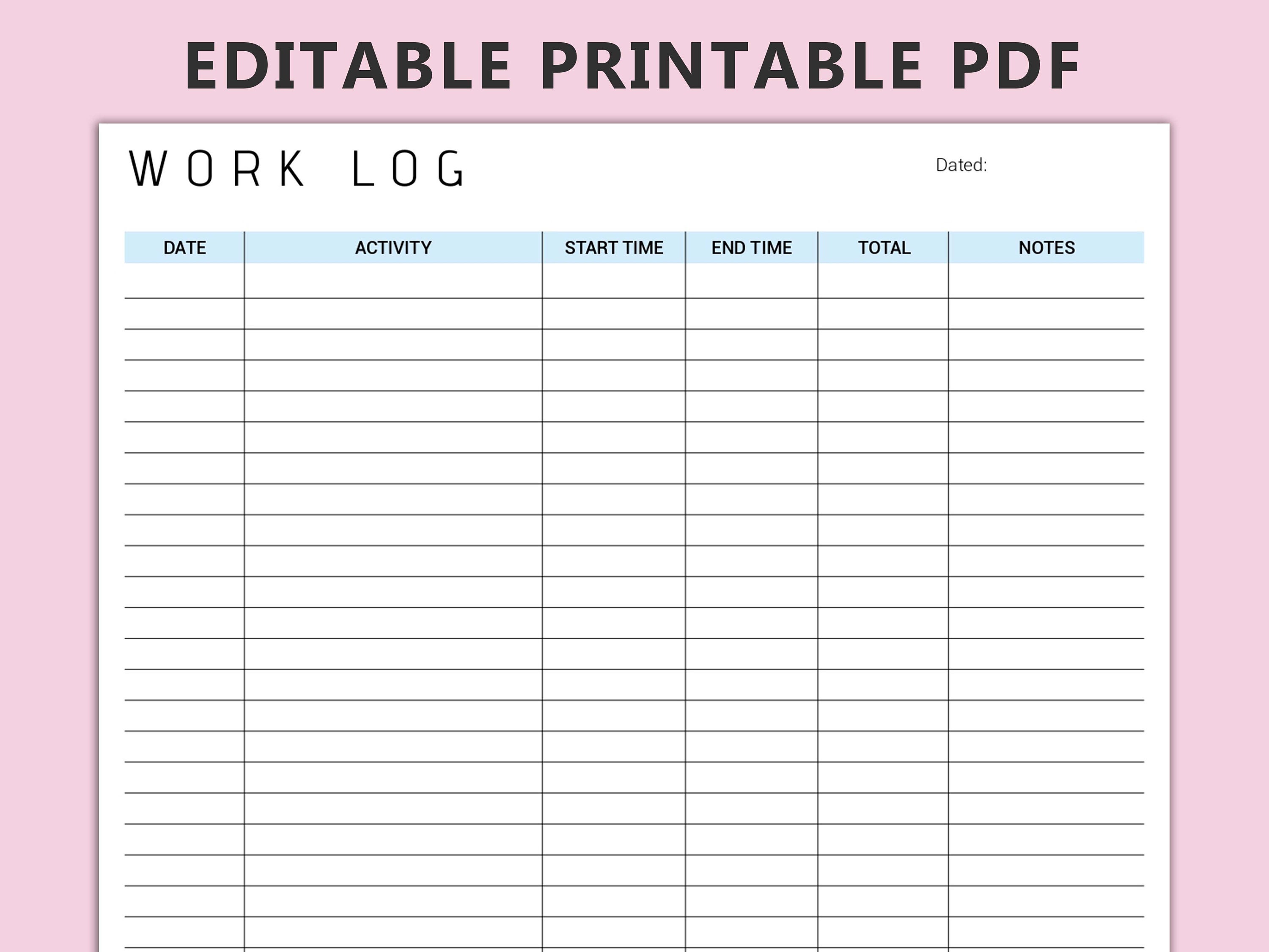 Editable Work Log, Work Day Planner, Task Log, Work Time, Working Hours ...