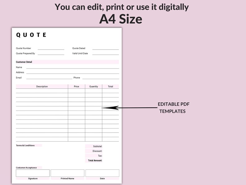 Editable Quote Template, EDITABLE Quotation Form, Small Business ...
