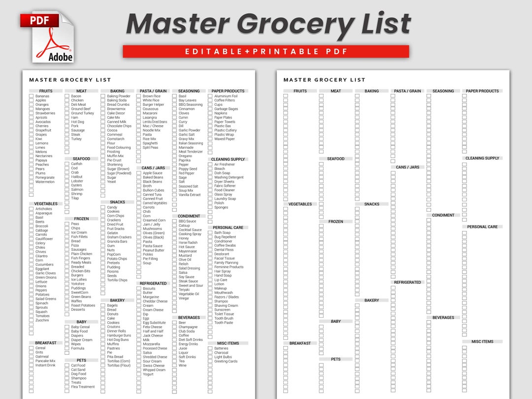 Editable and Printable Master Grocery List, Online Shopping List ...
