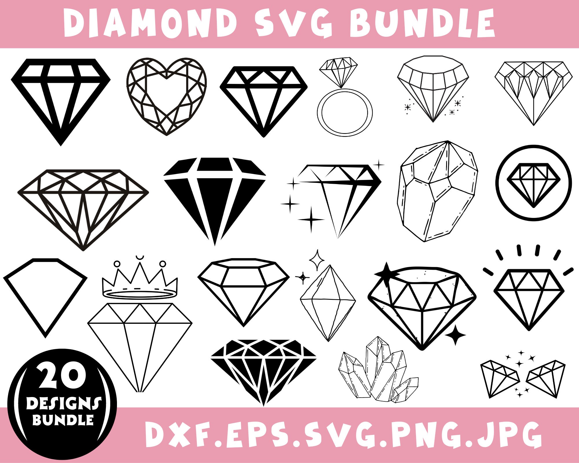 20 Designs Diamond Svg Bundle, Diamond Png, Diamond Vector, Diamond Cut ...