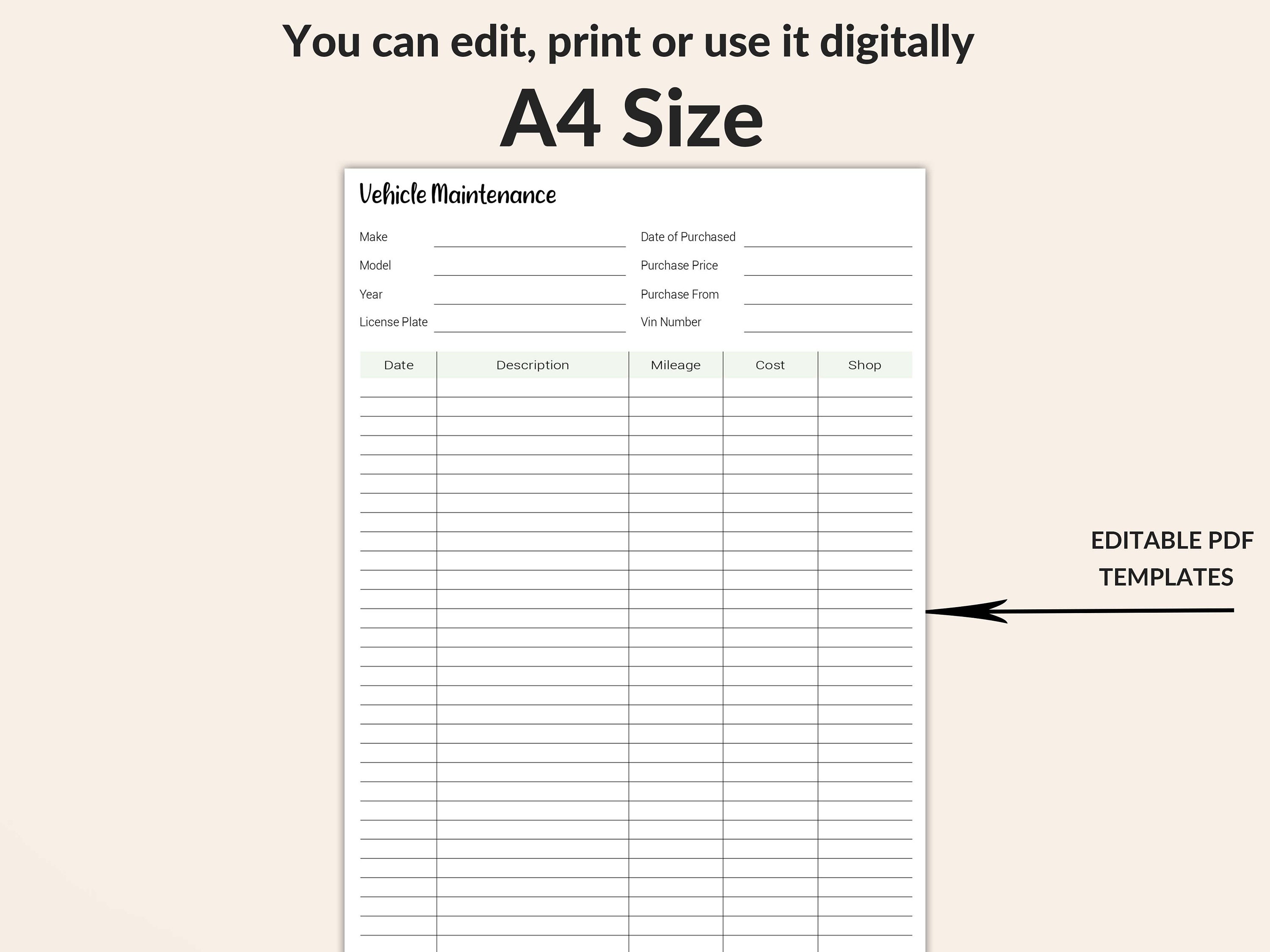 Editable Vehicle Maintenance Log Book Vehicle Service - Etsy