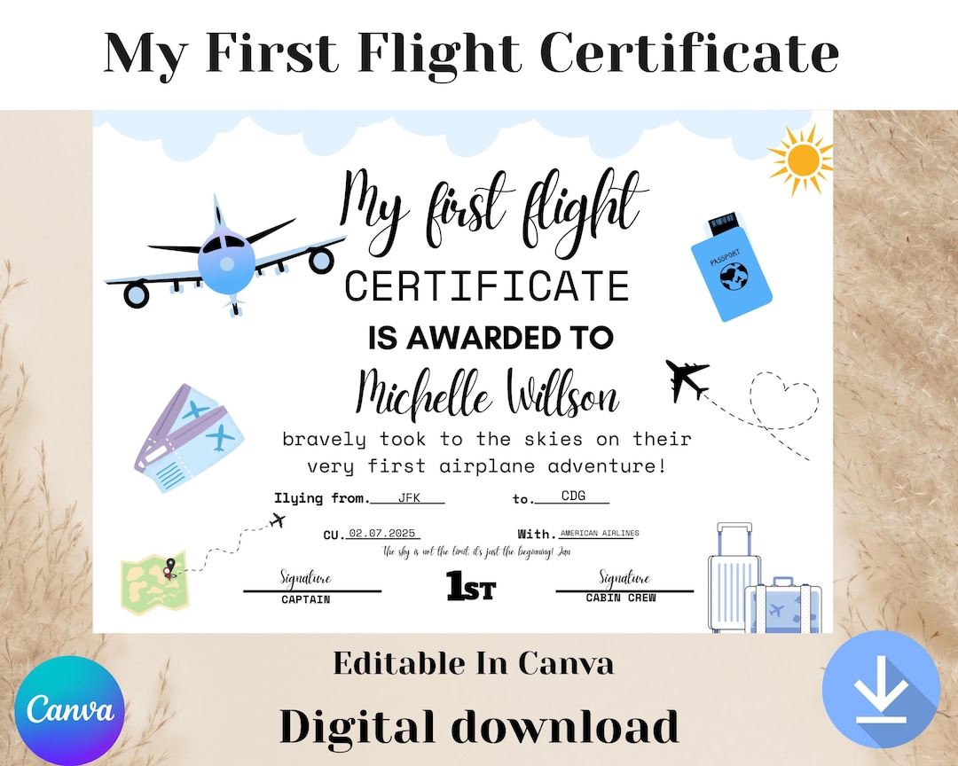 Editable First Flight Certificate, First Vacation Gift, Editable ...