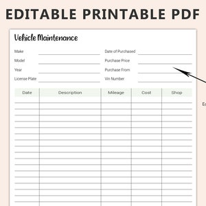 Editable Vehicle Maintenance Log Book, Vehicle Service Tracker, Vehicle ...