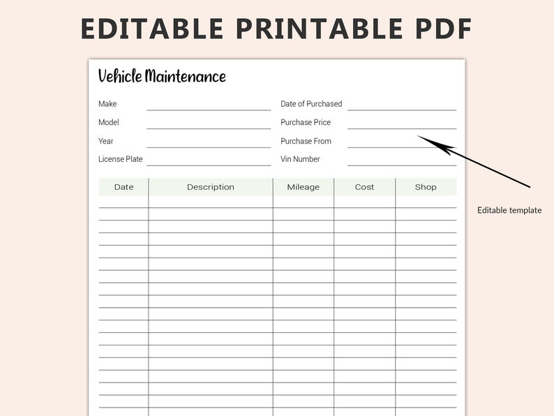 Editable Vehicle Maintenance Log Book Vehicle Service - Etsy