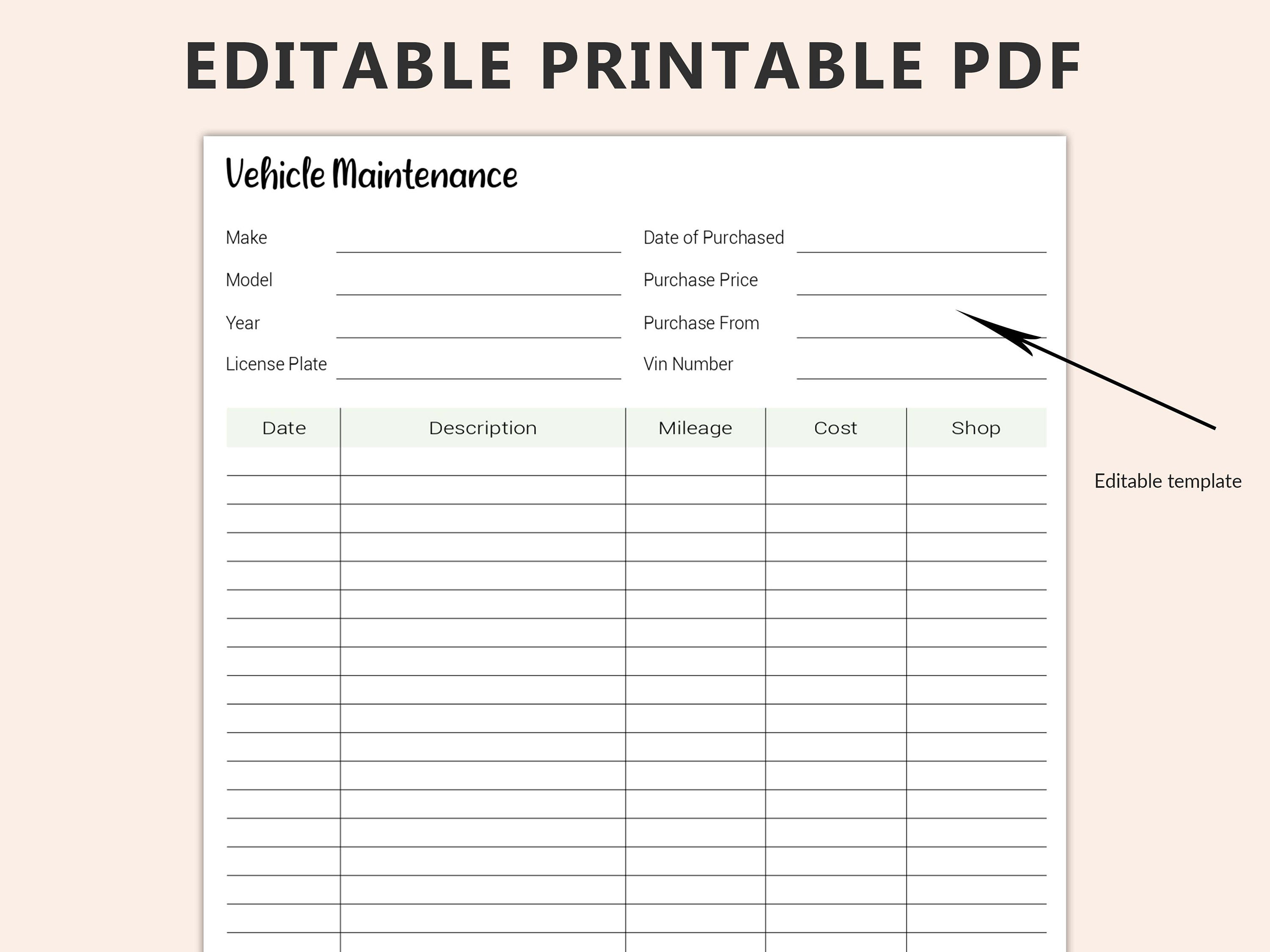 Editable Vehicle Maintenance Log Book Vehicle Service - Etsy