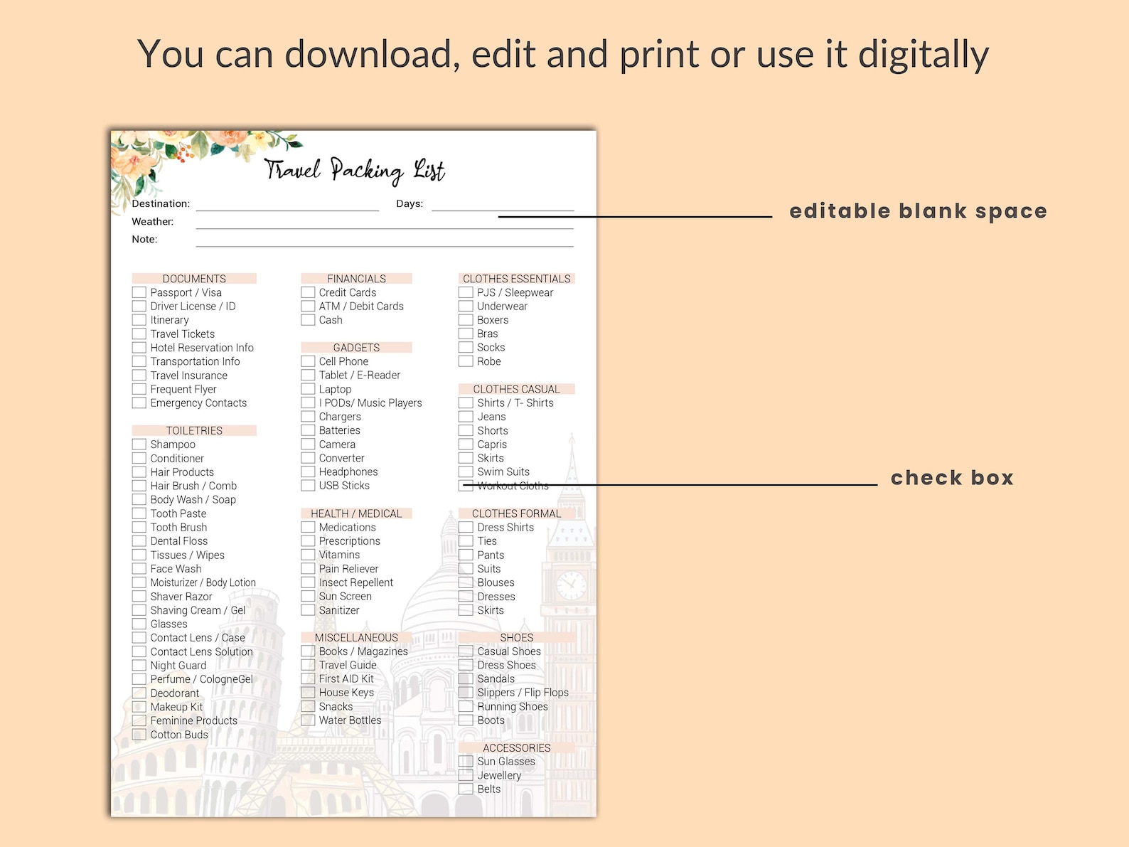 Editable Travel Packing List, Travel Packing List Printable, Packing ...