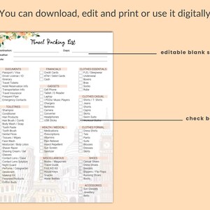 Editable Travel Packing List, Travel Packing List Printable, Packing ...