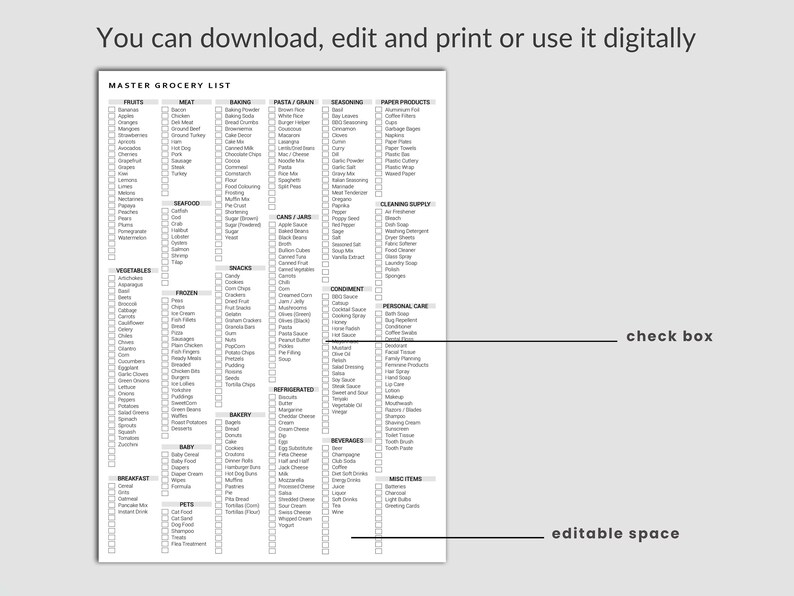 Editable and Printable Master Grocery List Online Shopping - Etsy