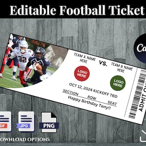 Editable Football Ticket, Football Ticket Gift, Sport Tickets, Football ...