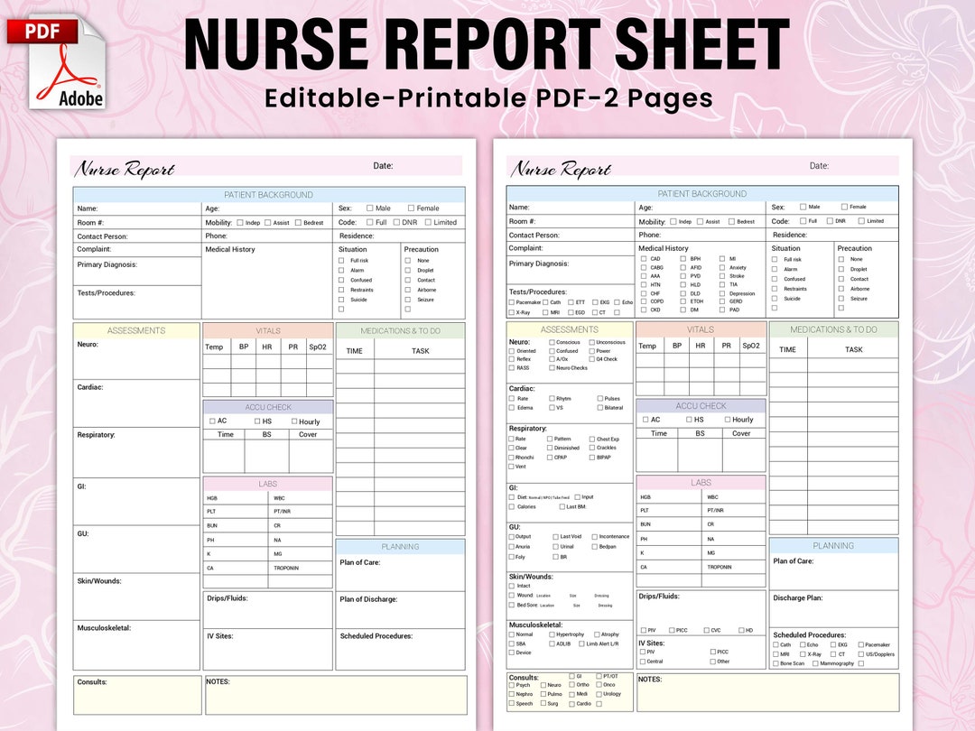 Editable Nursing Report Sheet, Nurse Brain Sheet, Printable Nurse ...