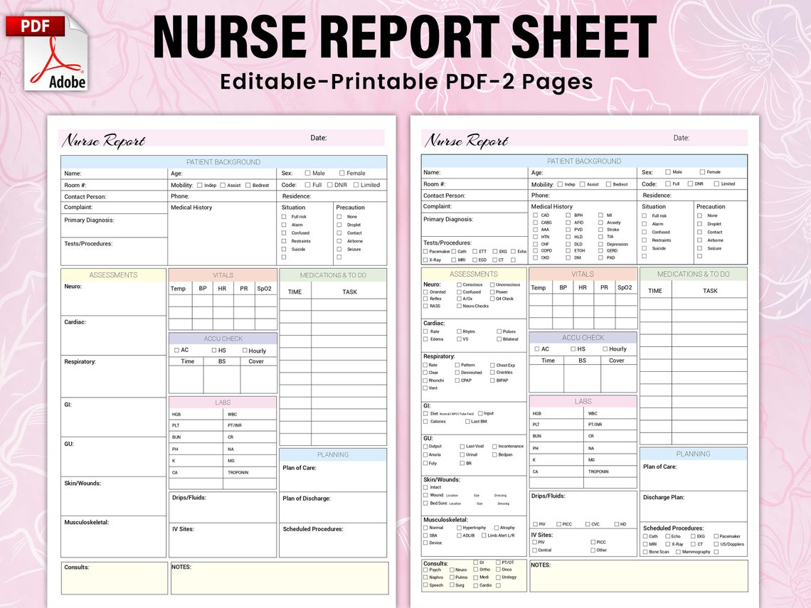 Editable Nursing Report Sheet, Nurse Brain Sheet, Printable Nurse ...