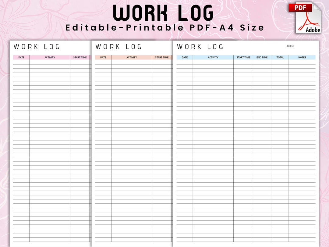 Editable Work Log, Work Day Planner, Task Log, Work Time, Working Hours ...