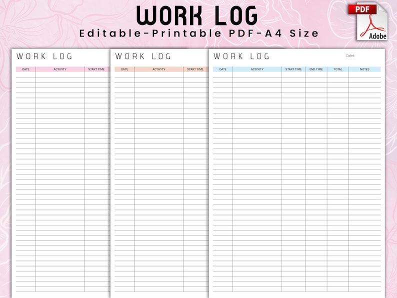 Editable Work Log, Work Day Planner, Task Log, Work Time, Working Hours ...