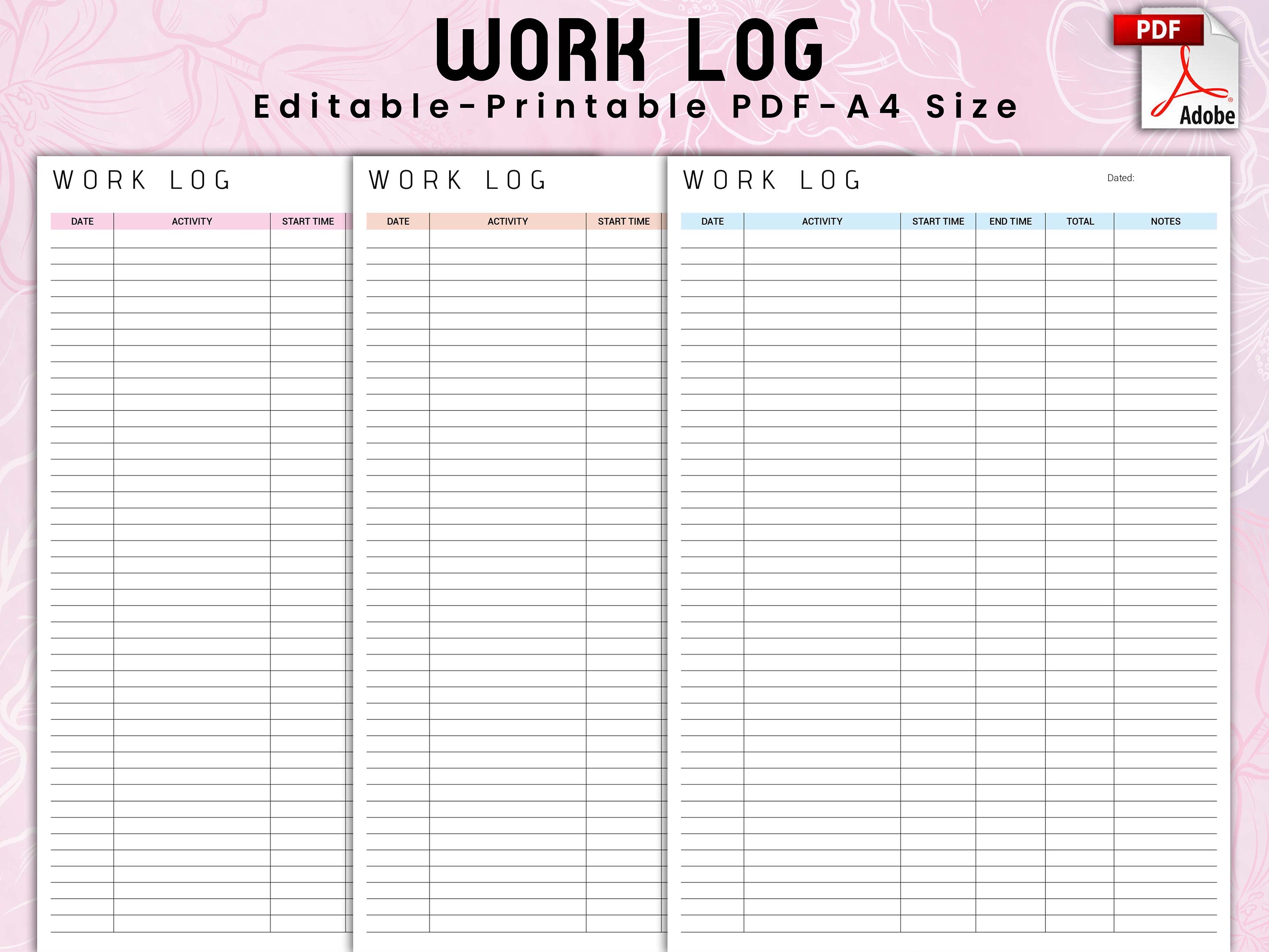 Editable Work Log, Work Day Planner, Task Log, Work Time, Working Hours ...