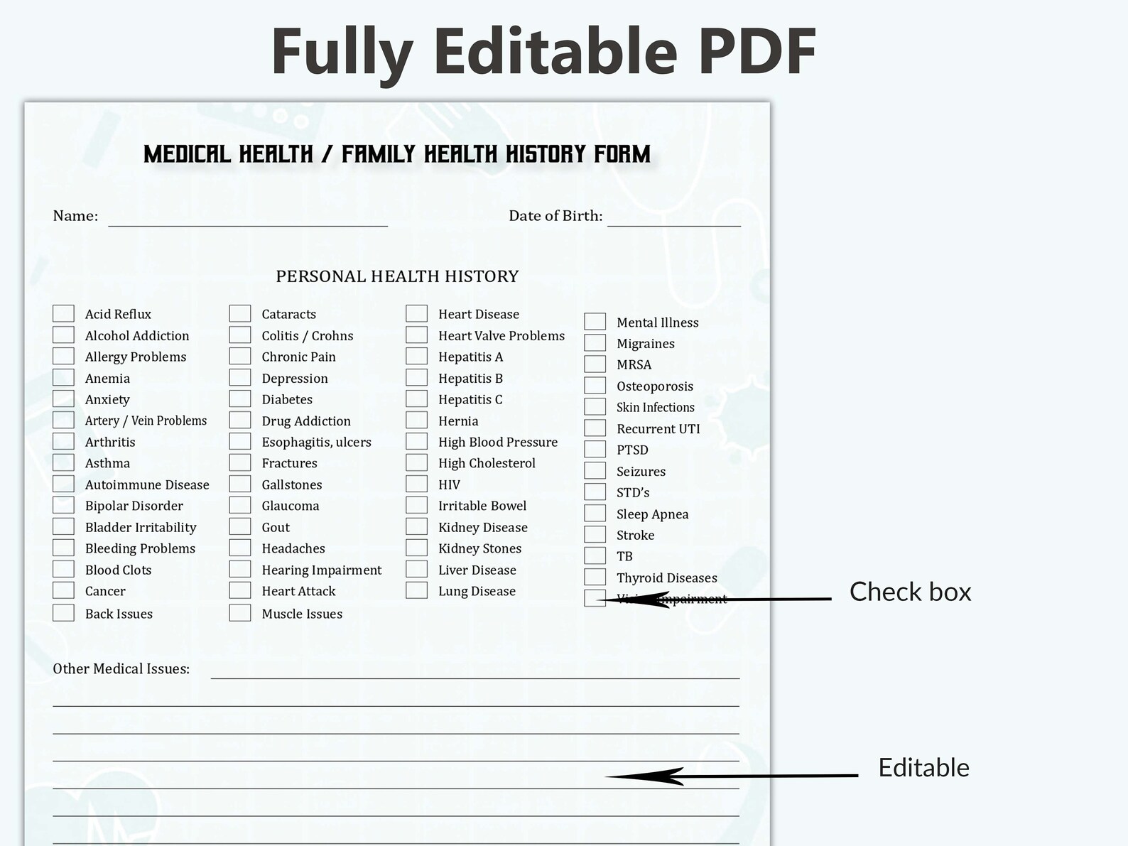 Editable Medical History Form, Family Medical History Form , Medical ...