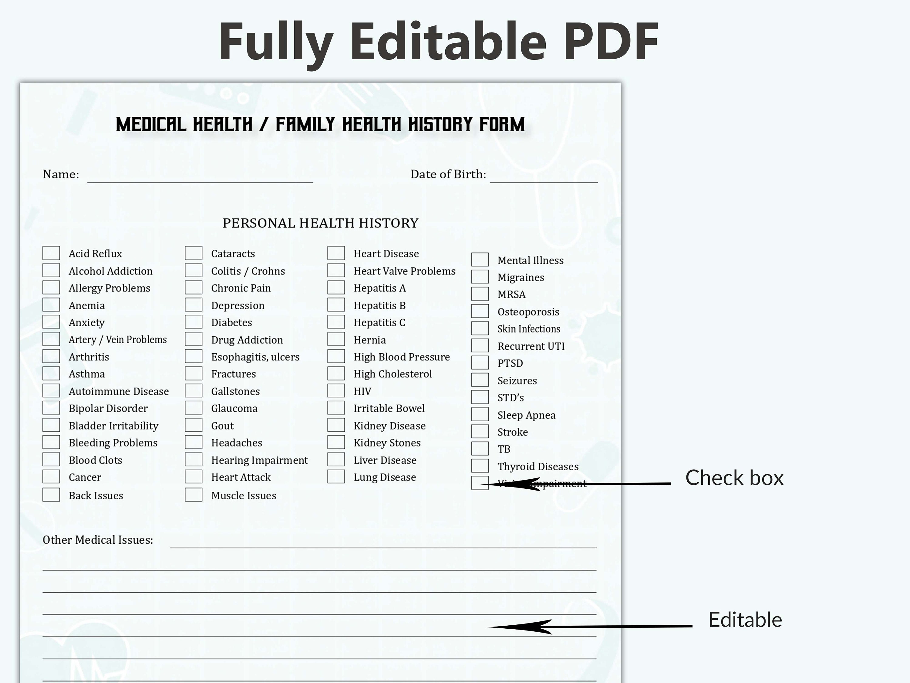 Editable Medical History Form Family Medical History Form - Etsy Australia